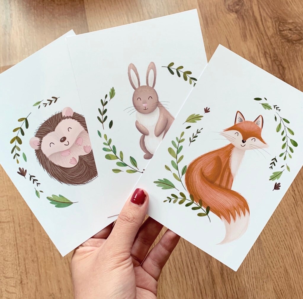 Woodland Animal Postcard Pack of 3 Cute Fox Bunny and - Etsy UK