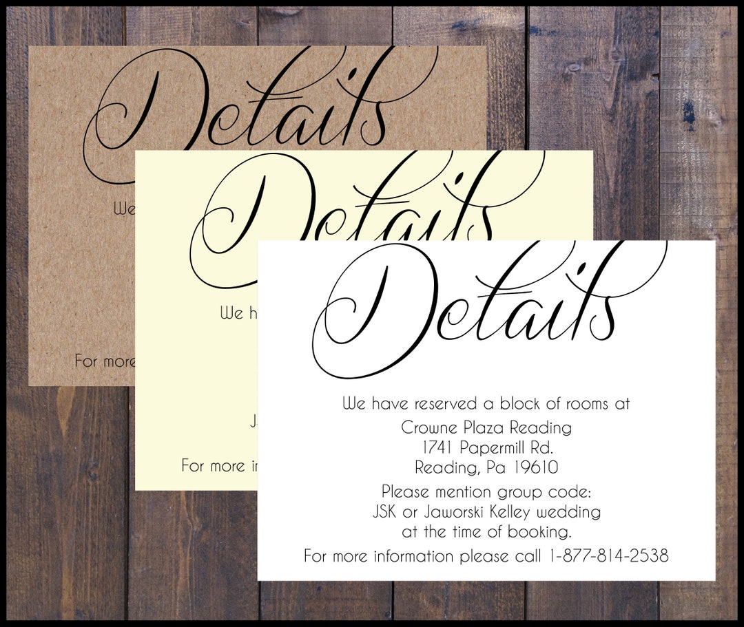 PRINTED Accommodation Card, Information, Additional, Details Card, Wedding Invite, Oversized ...