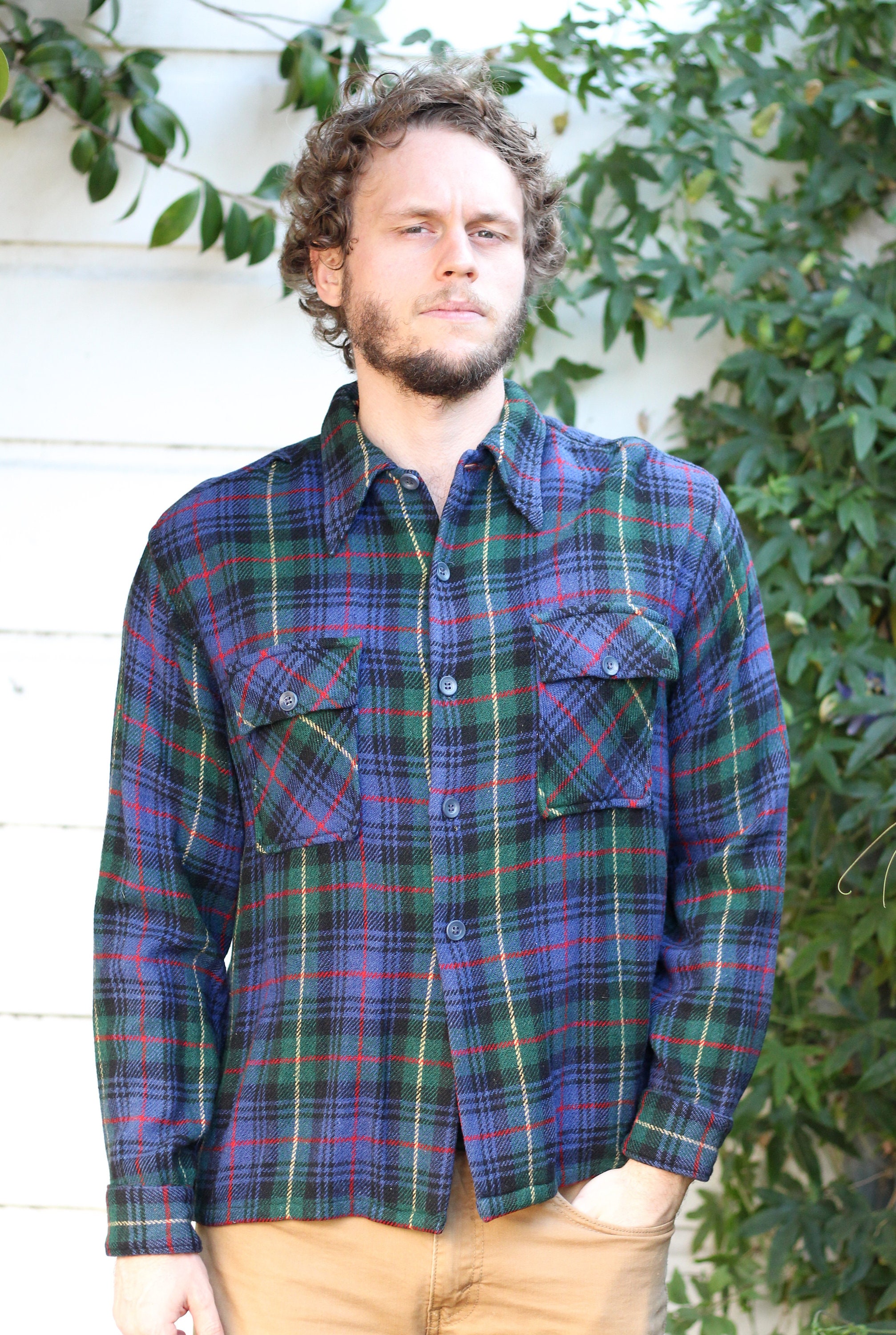 Vintage 1940s Blue Green and Red Flannel Button Down Shirt | Etsy