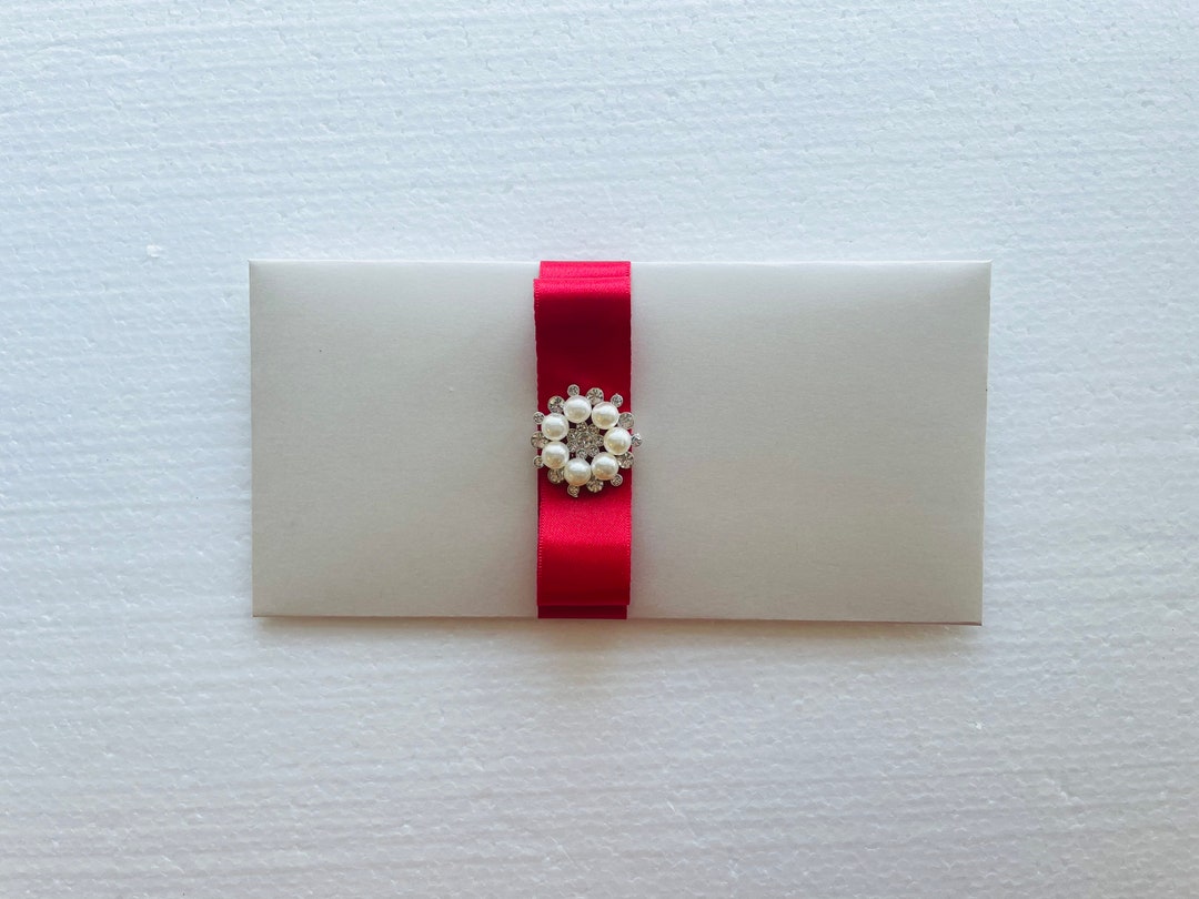 Handmade Money Envelope: Pearl Rhinestone Red Ribbon Cash Holder (set ...