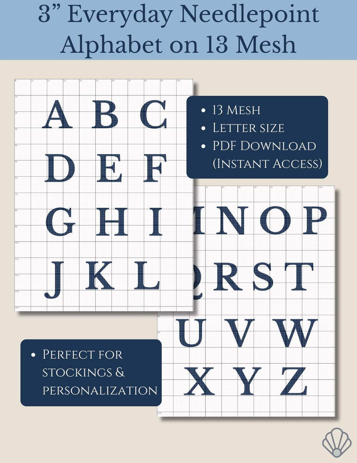 3” Everyday Needlepoint Alphabet | A–Z Letters | 13 Mesh Stitch Chart ...