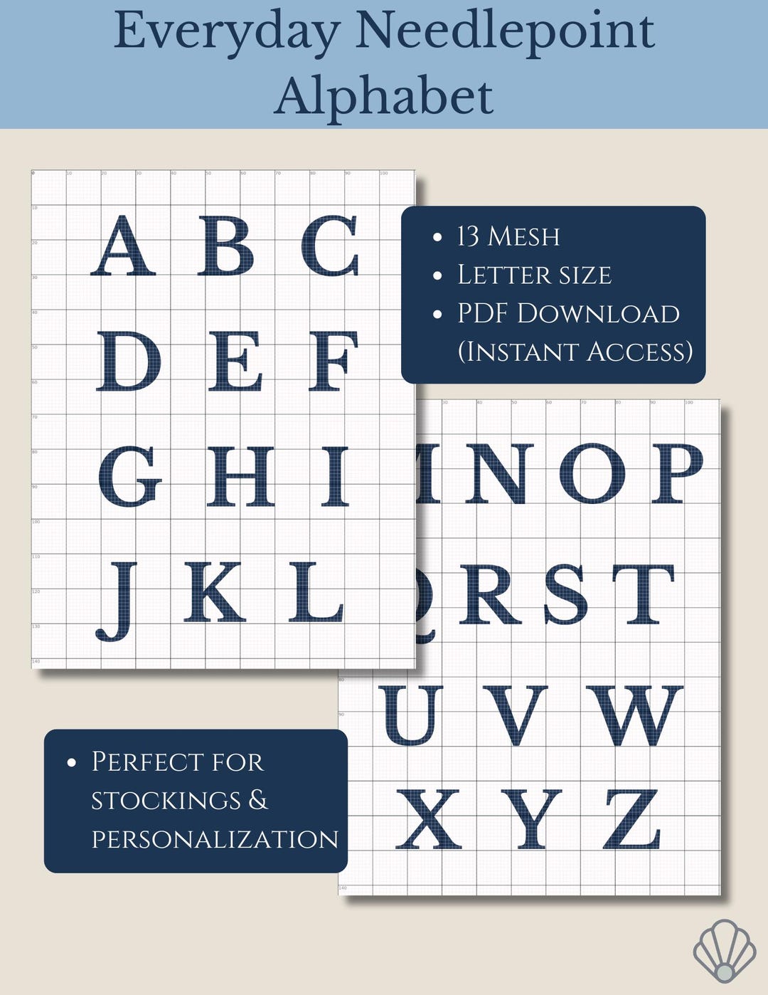 Everyday Needlepoint Alphabet | A–Z Letters | 13 Mesh Stitch Chart PDF ...