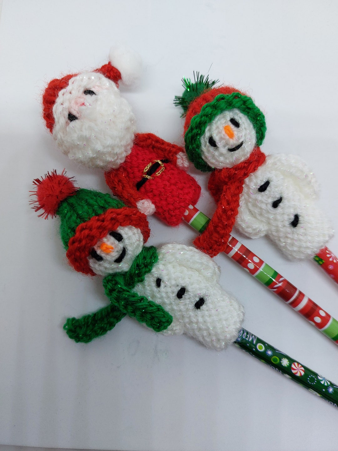 Hand Knit Christmas Pencil Toppers: Santa & Snowman Decoration - Etsy UK