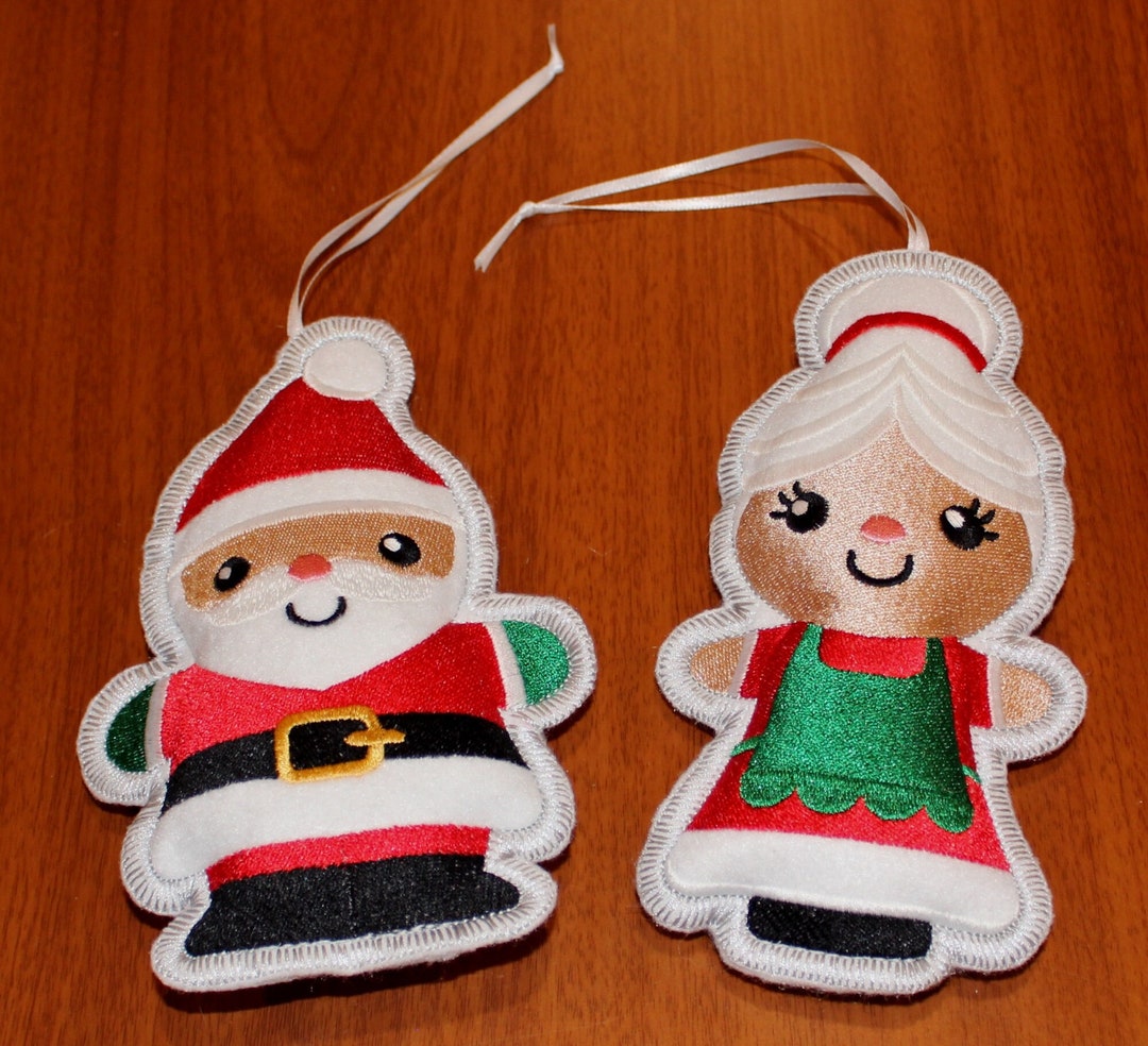 Set of Two Machine Embroidered Felt Ornaments - Santa and Mrs Claus - Etsy