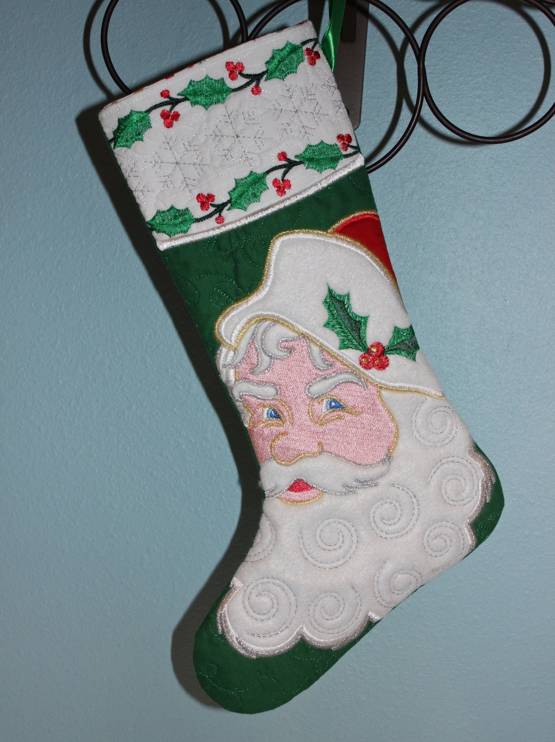 Quilted and Embroidered Santa Claus Face Christmas Stocking With Soft ...