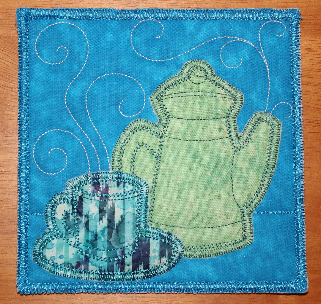 Machine Embroidered Applique Coffee Pot and Cup Mug Rug-fabric Coaster ...