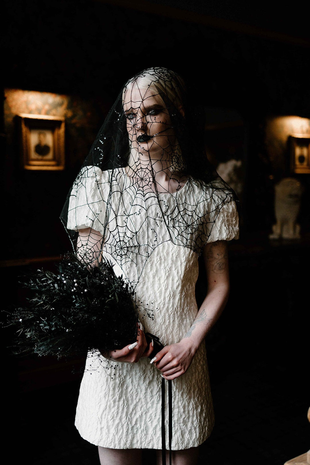 Cobwebs & Crystals Gothic Spiderweb Wedding Fingertip Veil in White or ...