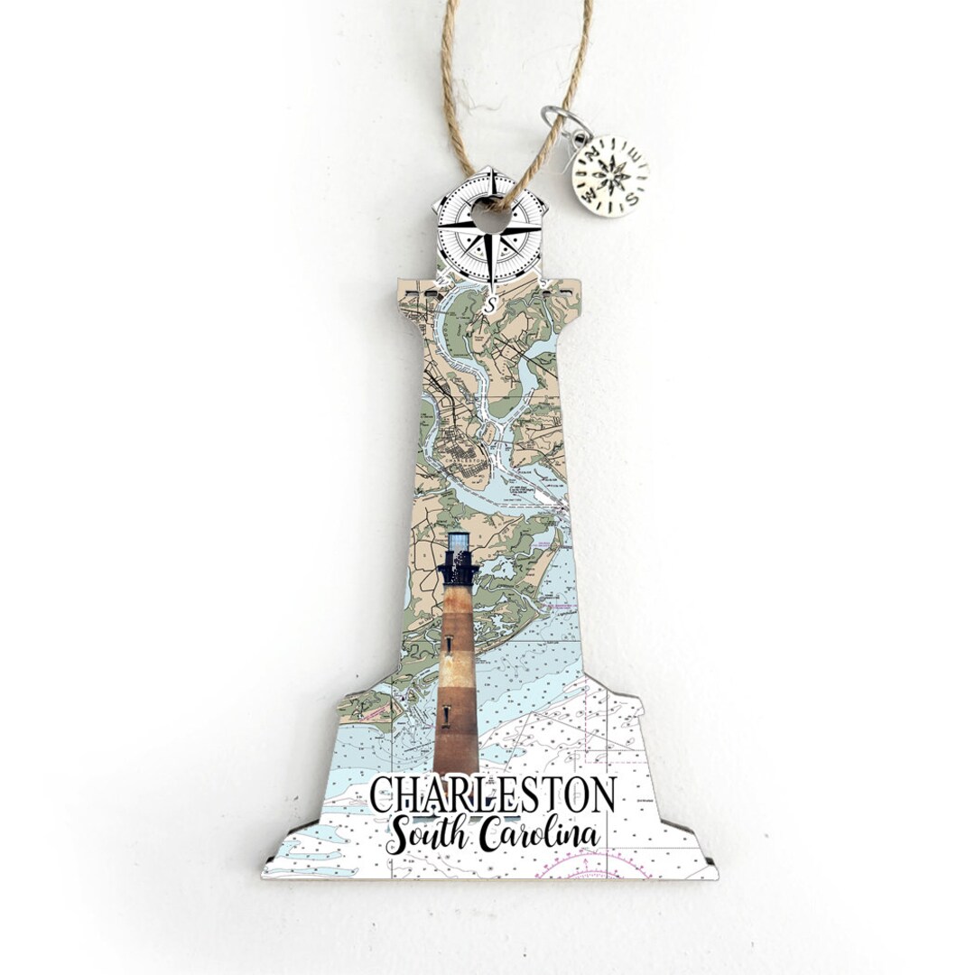 Charleston, SC Lighthouse Shaped Wood Map Ornament - Etsy