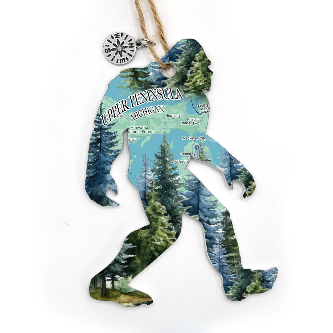 Upper Peninsula, MI Big Foot Sasquatch Shaped Wood Map Ornament - Etsy