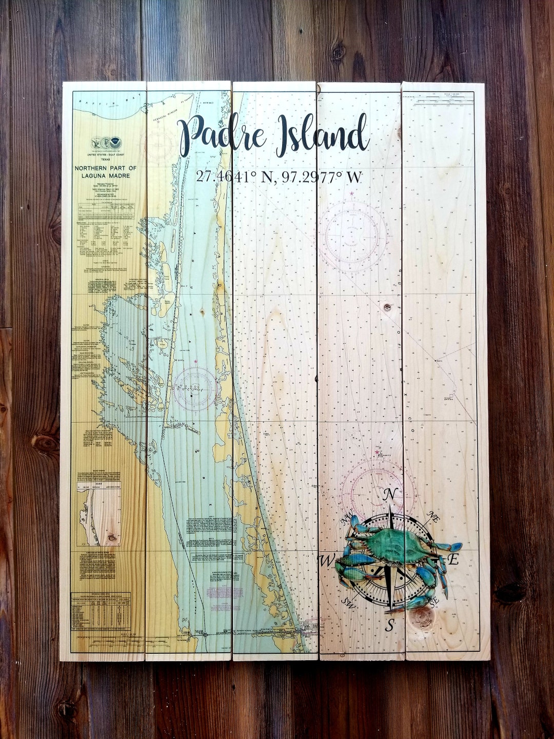 Pallet Style Map of Padre Island, TX With Blue Crab in the Compass Rose ...