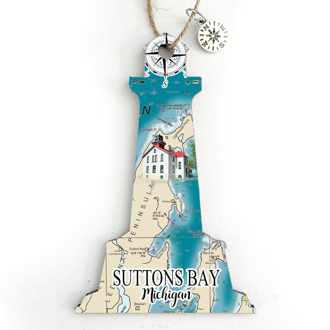 Suttons Bay, MI Lighthouse Shaped Wood Map Ornament - Etsy