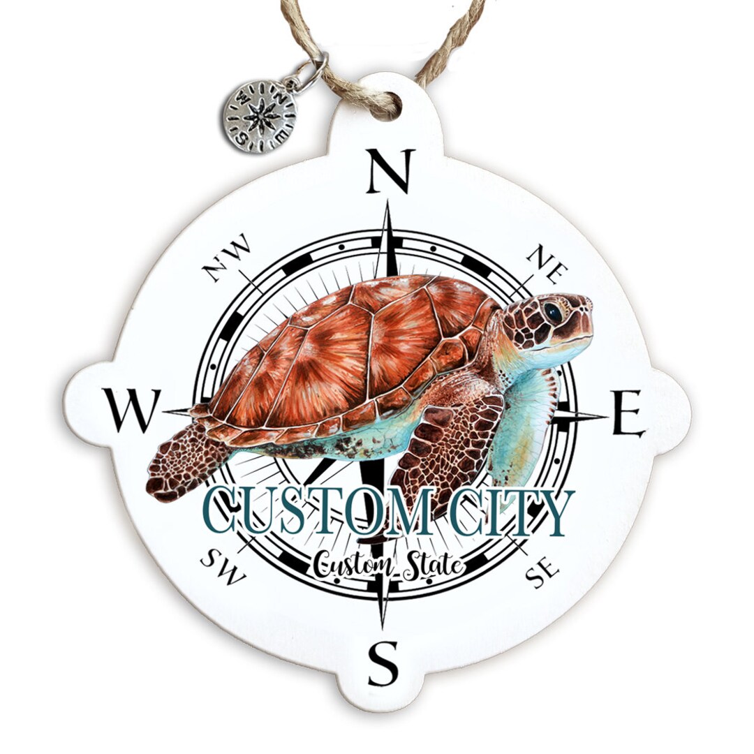 CUSTOM LOCATION Wood Turtle Compass Ornament With Metal Compass Charm ...