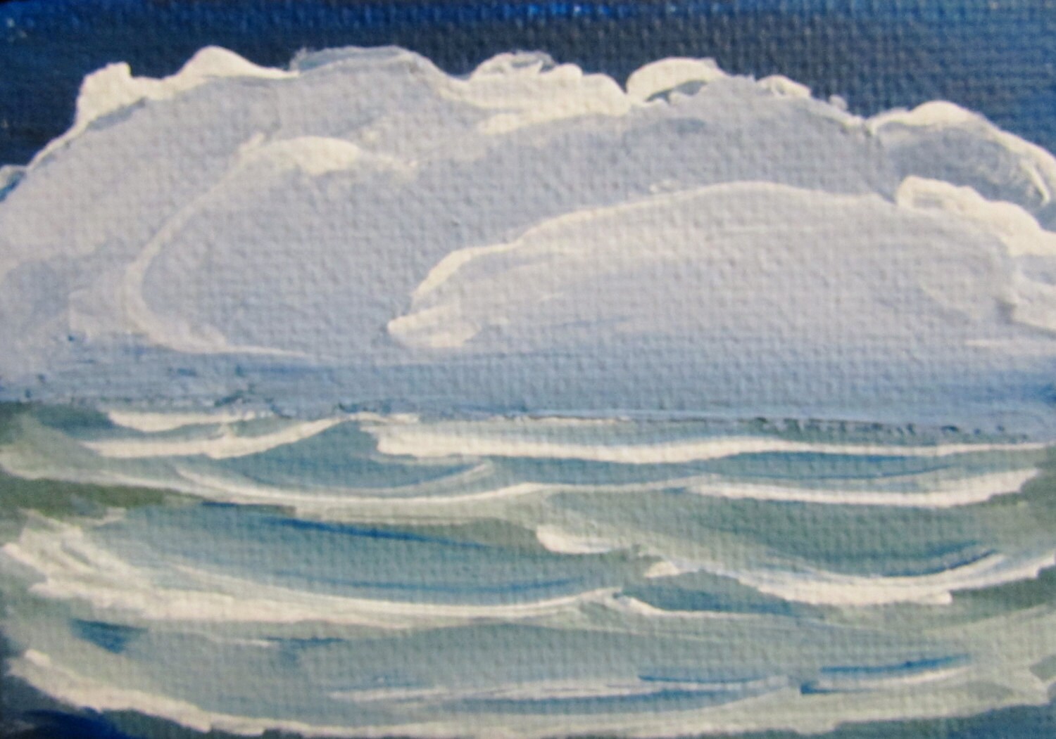 Ocean Painting, Mini Seascape, Nautical Decor, Tiny Art, Puffy Clouds ...