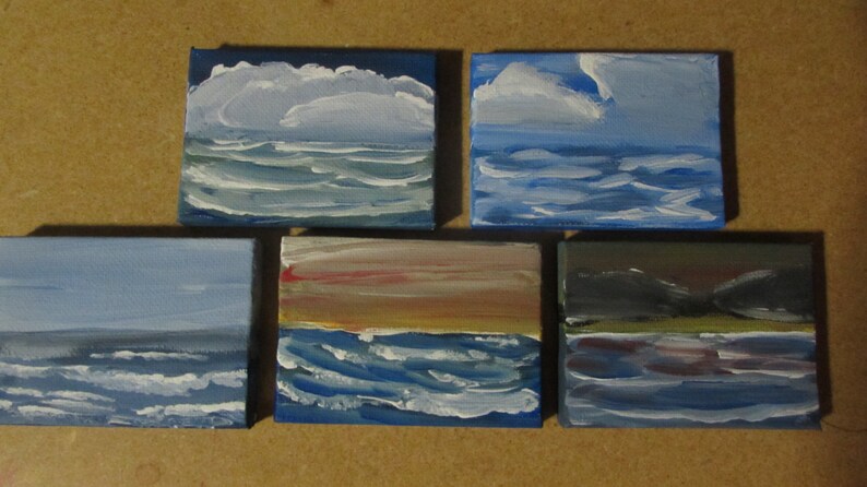 Ocean Painting, Mini Seascape, Nautical Decor, Tiny Art, Puffy Clouds ...