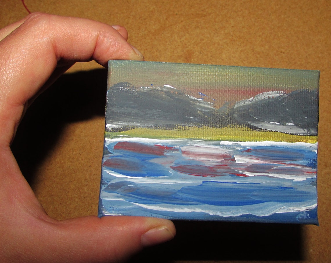 Ocean Painting, Mini Seascape, Nautical Decor, Tiny Art, Puffy Clouds ...