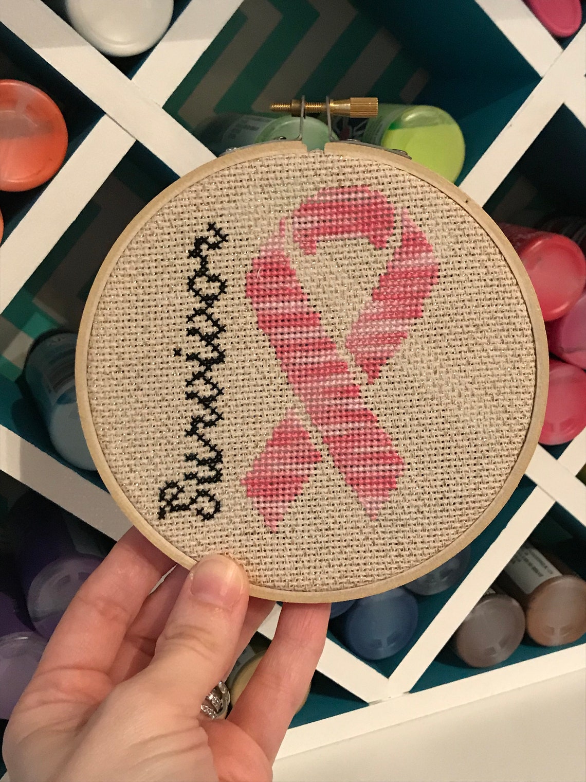 Handmade Cross Stitch Hoop: Breast Cancer Ribbon / Survivor - Etsy