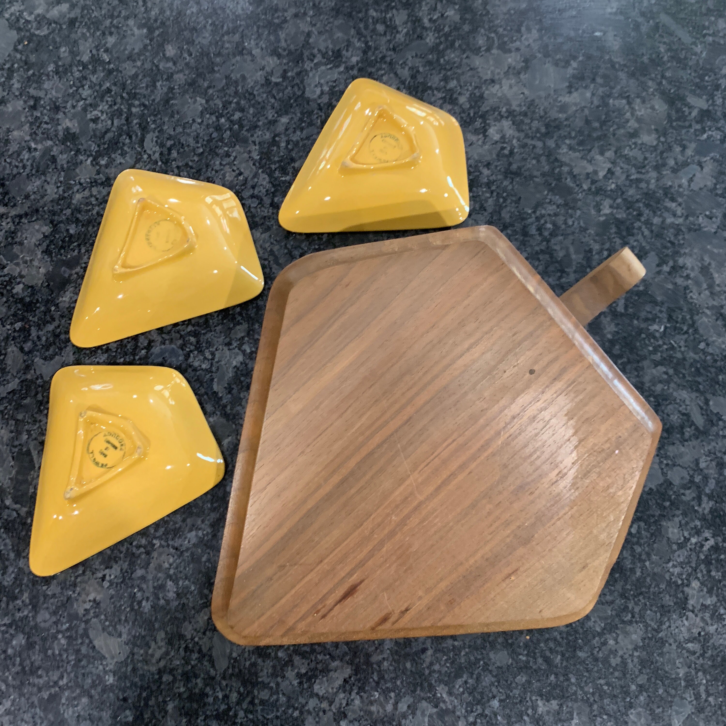 Mid Century Teak And Ceramic Triple Snack Tray - Triangular Base with ...