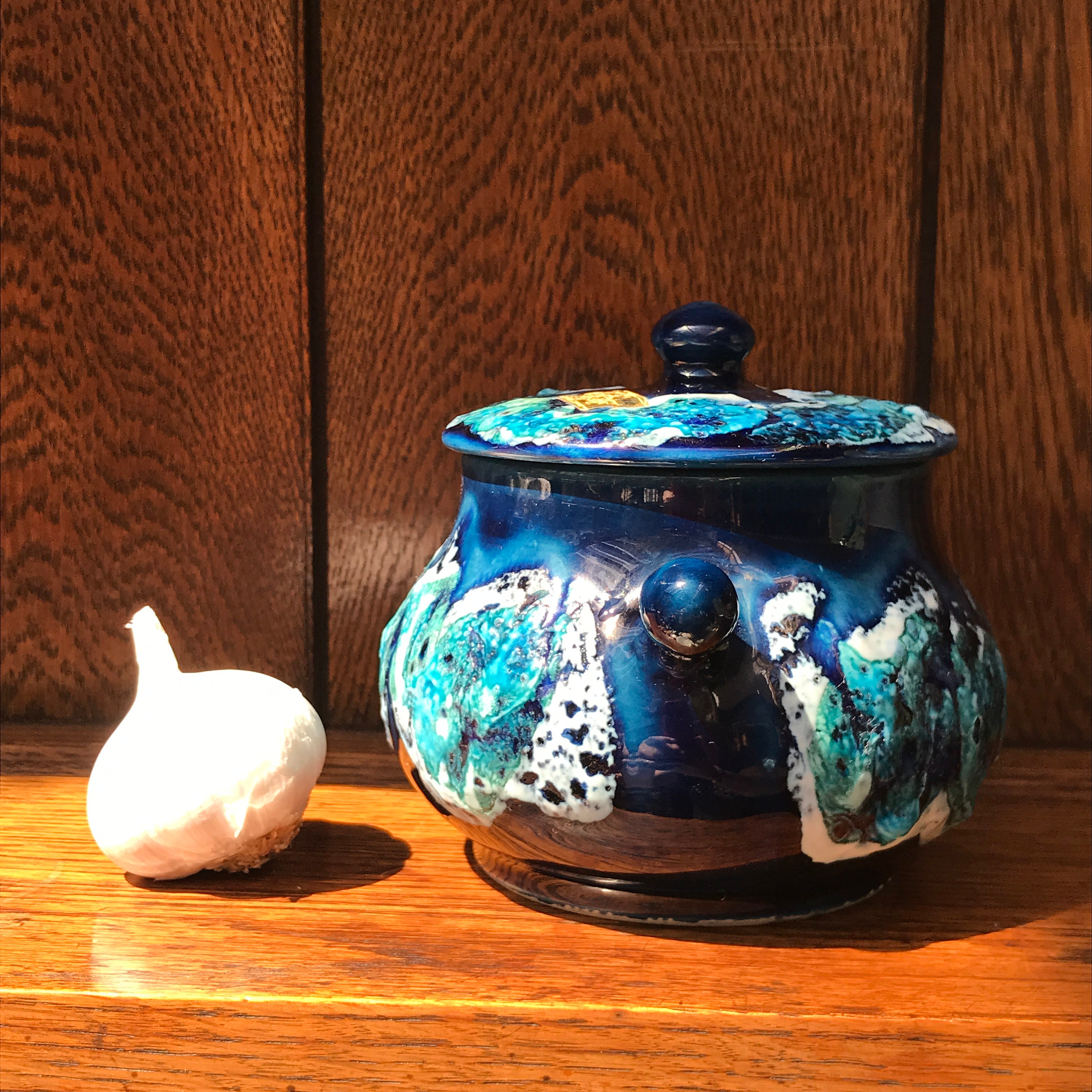 1960s Vallauris French Blue Ceramic Lidded Garlic Keeper Pot with Fat ...