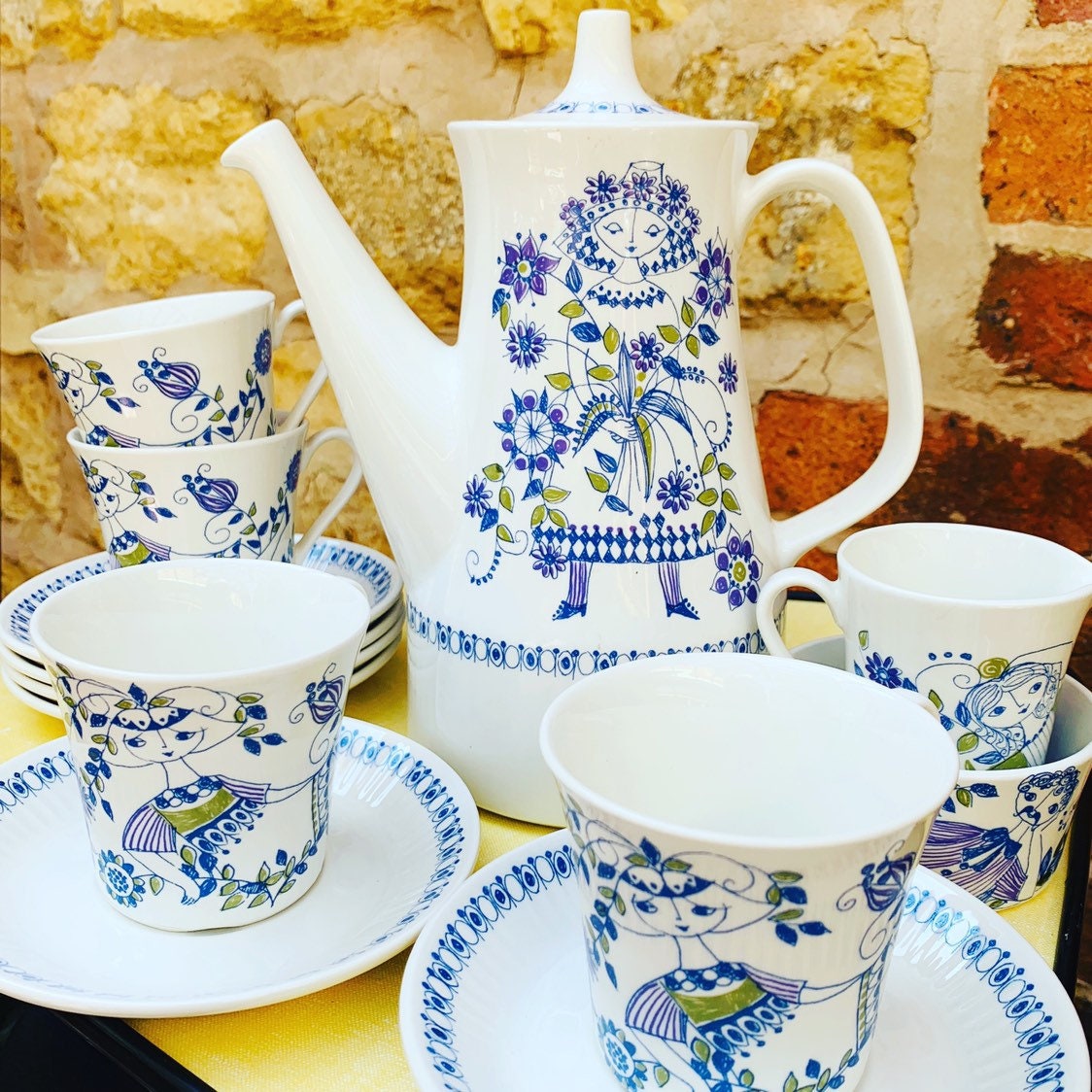 Figgjo Flint Lotte Coffee Set for 6 - Norwegian Folk Style Blue & White ...