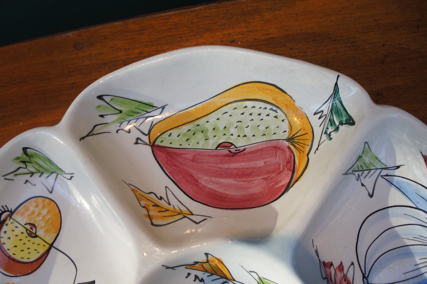 Mid Century Italian Ceramic Divided Antipasto Snack Platter Saladware