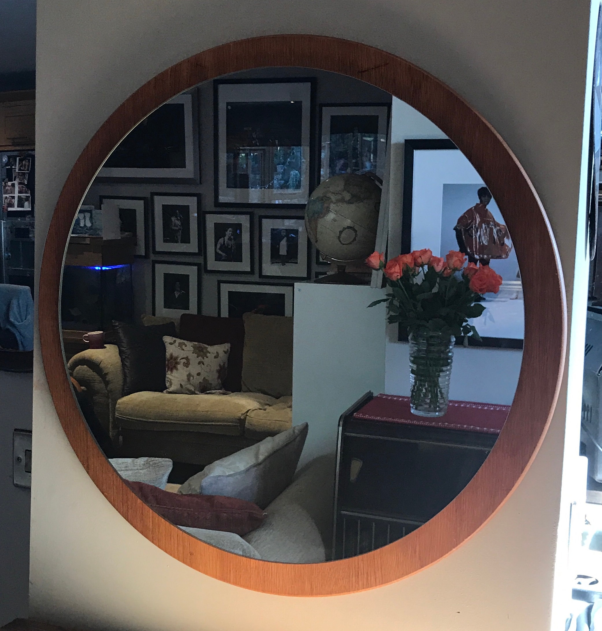 Mid Century Teak Wood Circular Round Large Mirror Scandinavian Style 59cm