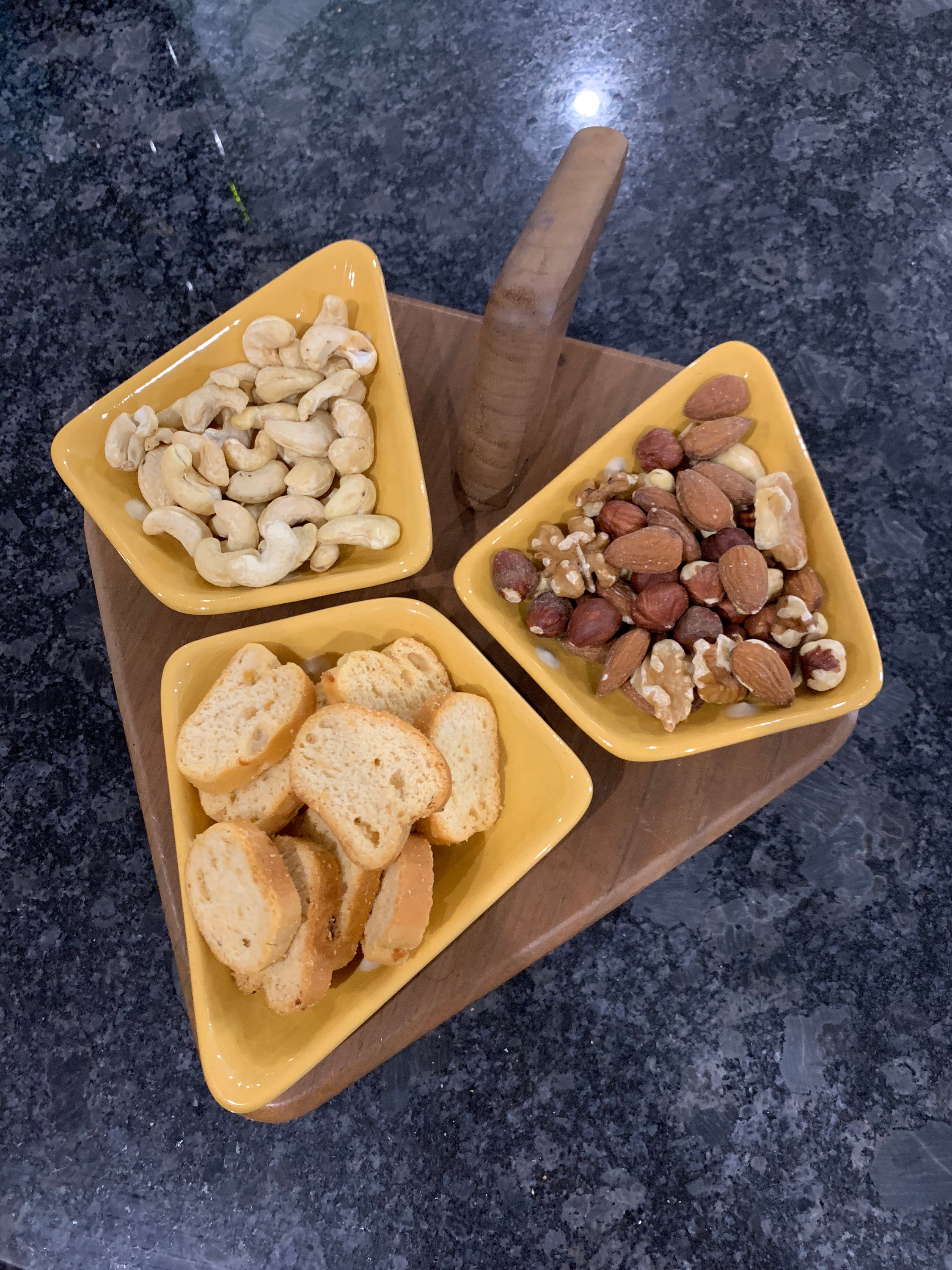 Mid Century Teak And Ceramic Triple Snack Tray - Triangular Base with ...