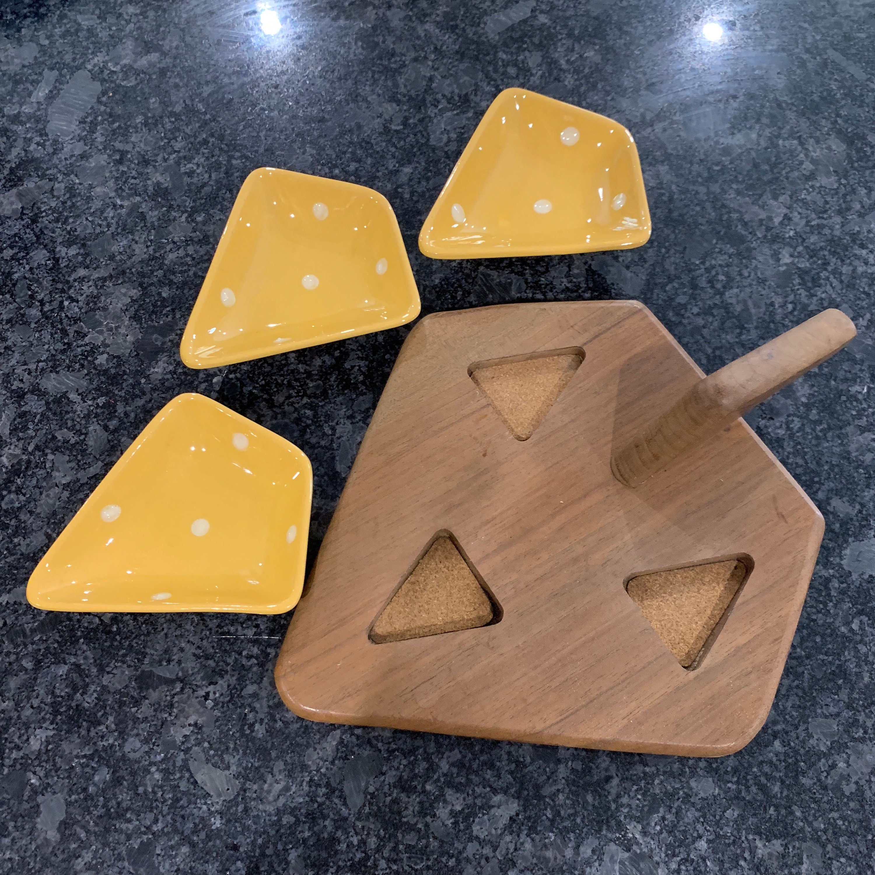 Mid Century Teak And Ceramic Triple Snack Tray - Triangular Base with ...