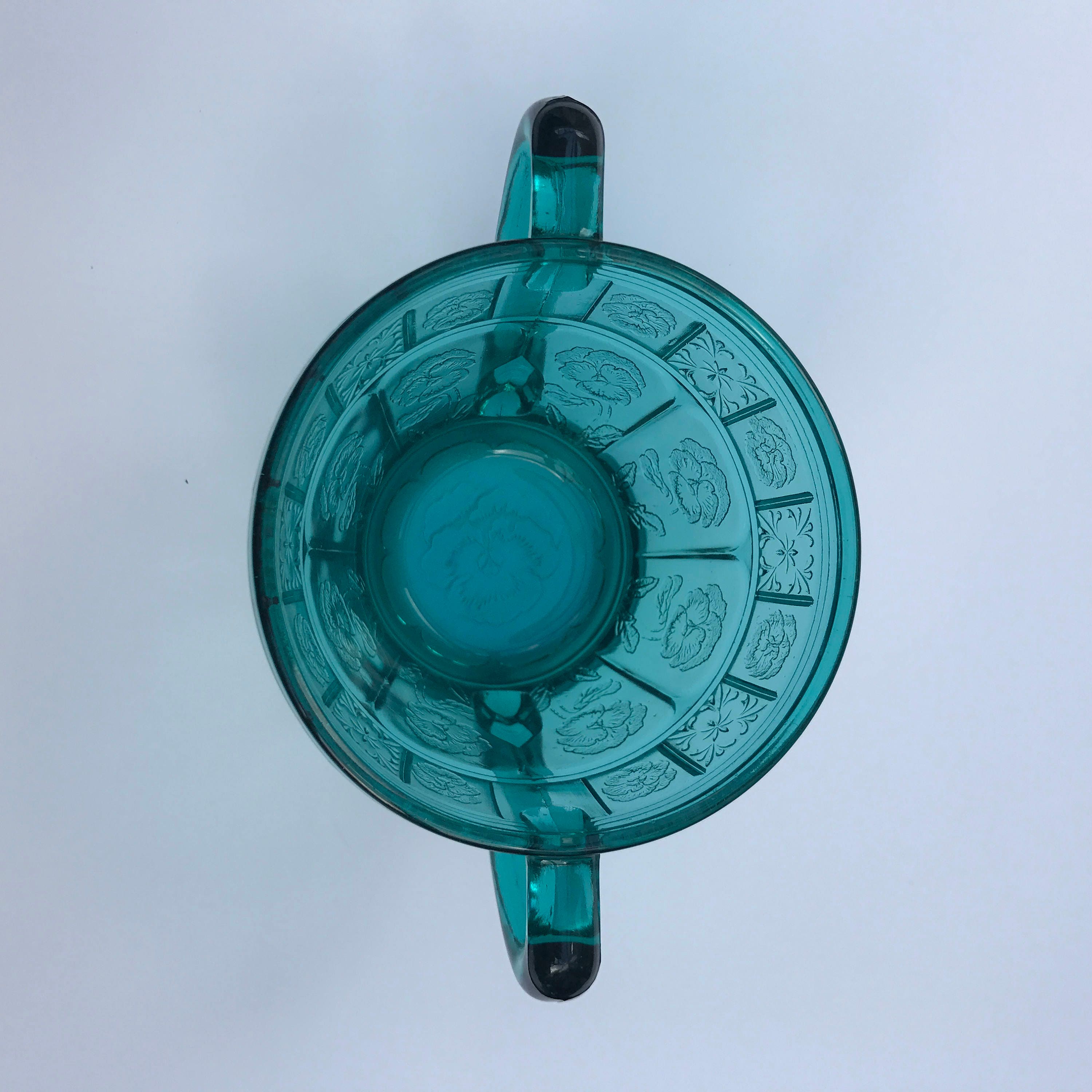Jeannette Depression Glass Doric And Pansy Ultramarine Teal Twin Handled Open Sugar Bowl Free Shipping