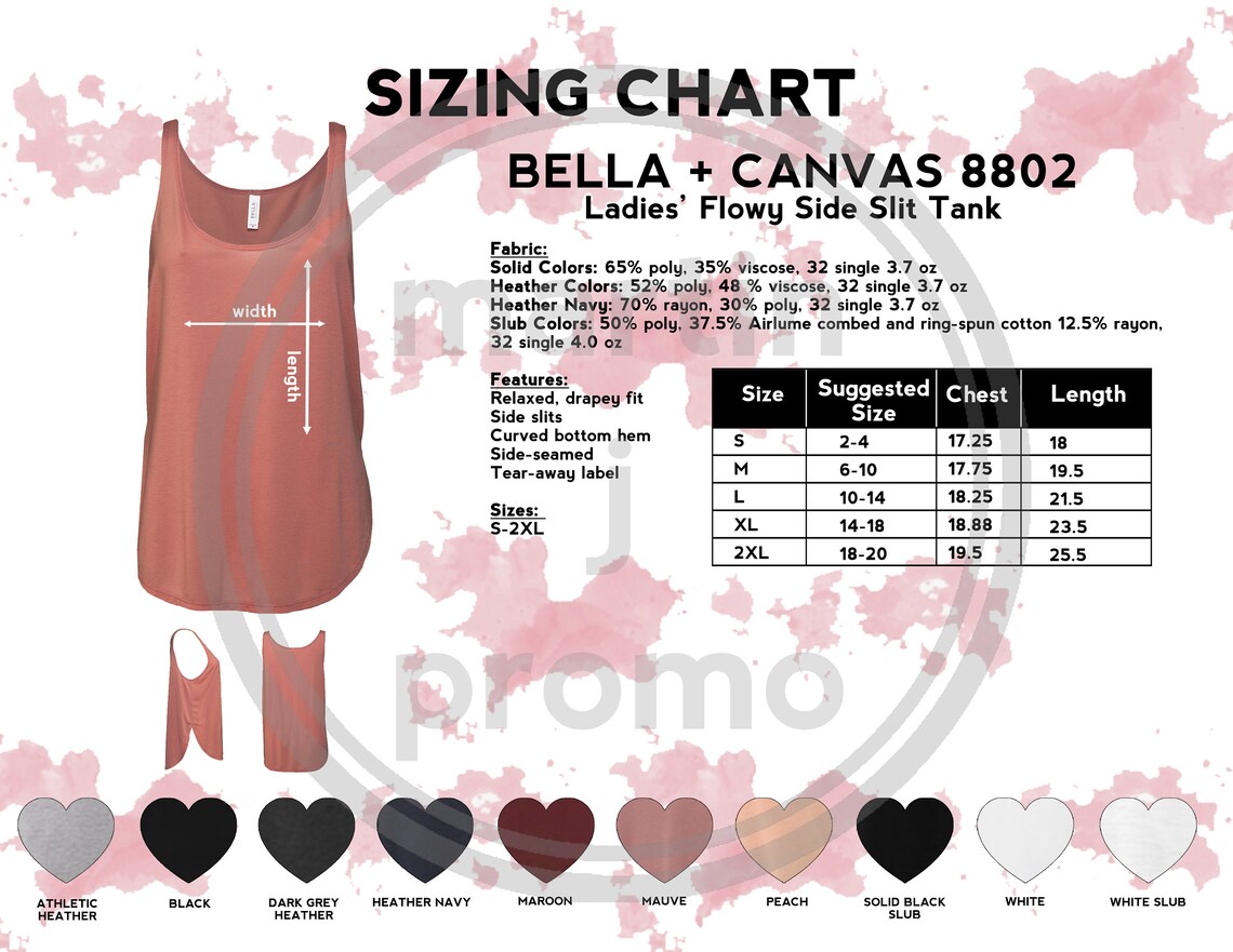 Bella Canvas 8802 Size Chart Color Guide 8802 Ladies' | Etsy