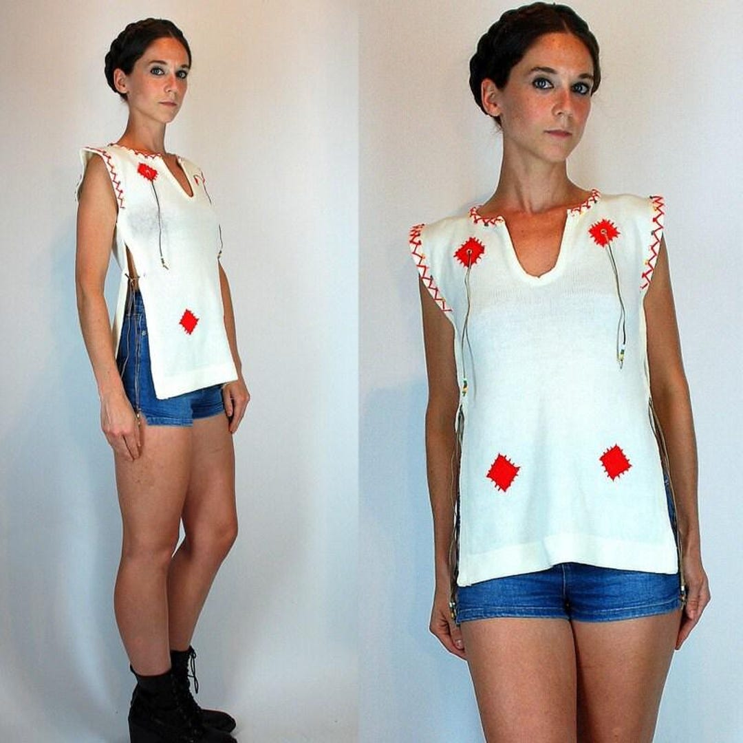 Vintage 70s Native American Cream Sweater Tunic Top. Open Sides ...