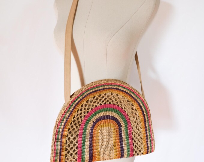 Vintage 70s Rainbow Woven Straw Shoulder Crossbody Bag Bohemian Arch ...