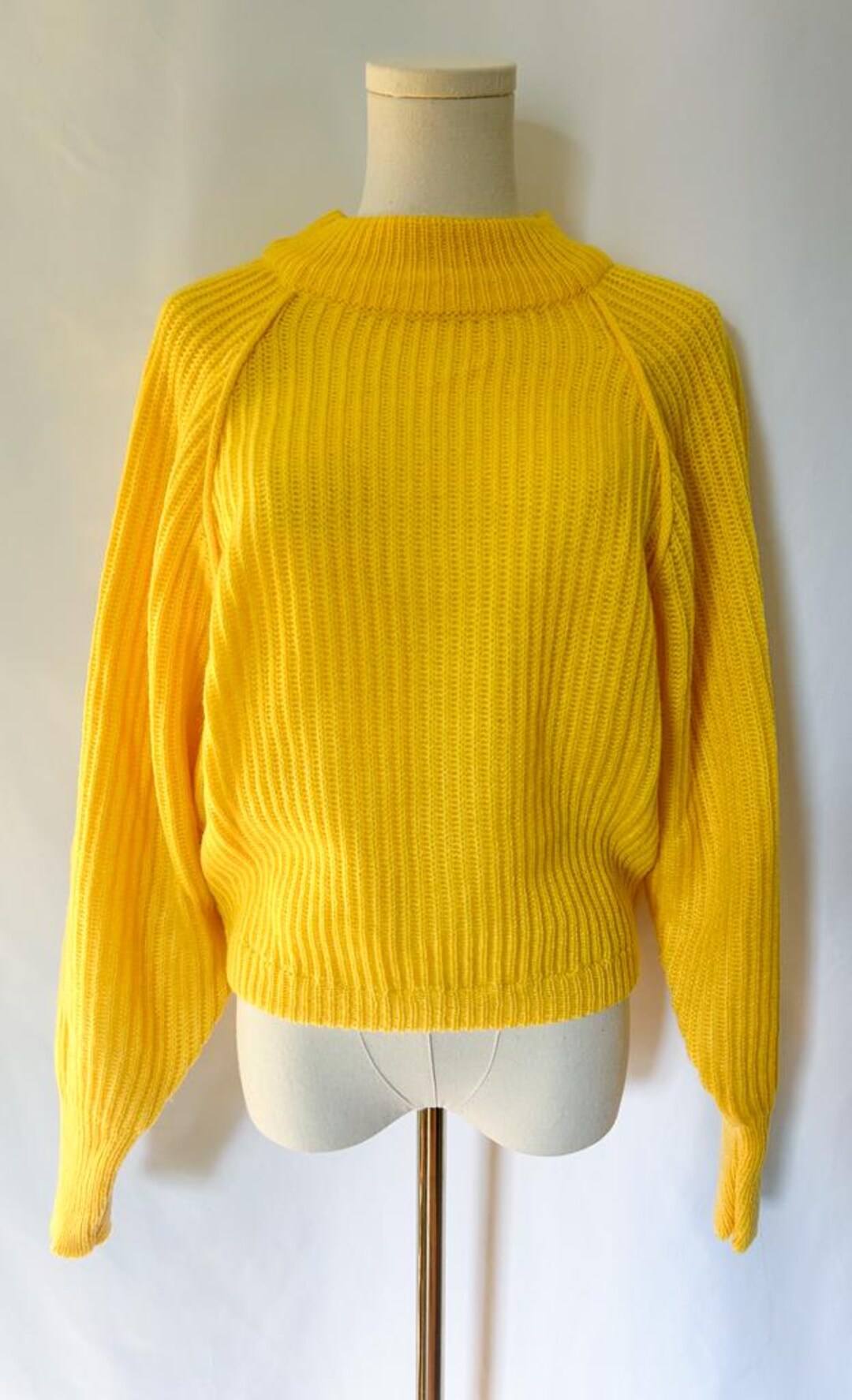 Vintage 90s Solid Bright Yellow Knit Sweater W/ Long Batwing Sleeves SM ...