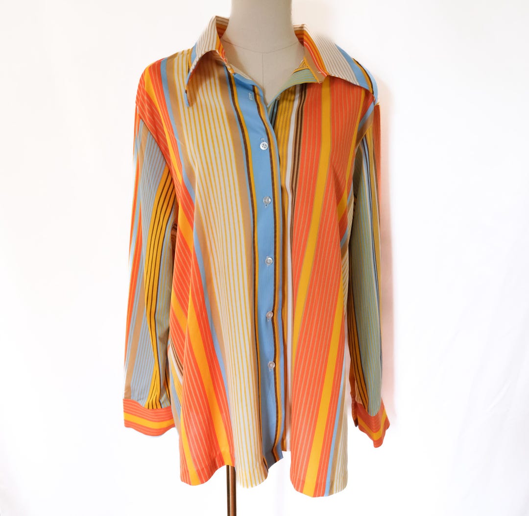 Vintage 70s Orange Yellow Blue Vertical Striped Button Down Barrymore ...