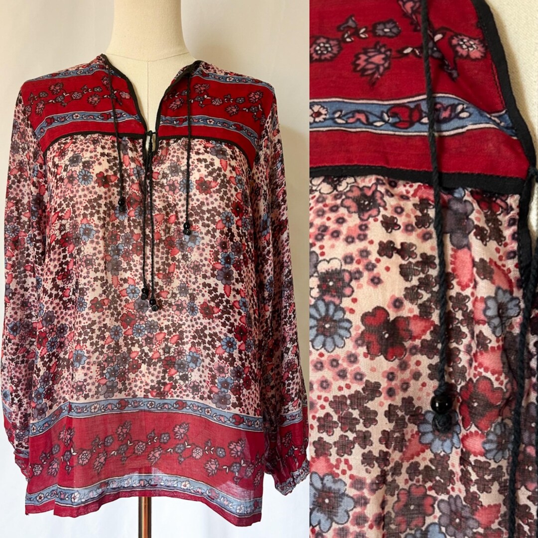 Genuine 70s Deadstock Red Indian Gauze Blouse 1970s Hippy Tunic Shirt ...