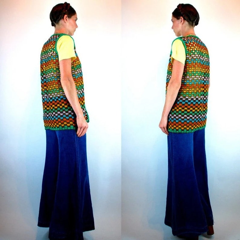 Vintage 60s Rainbow Crochet Hand Knit Duster Vest Sleeveless Mini ...