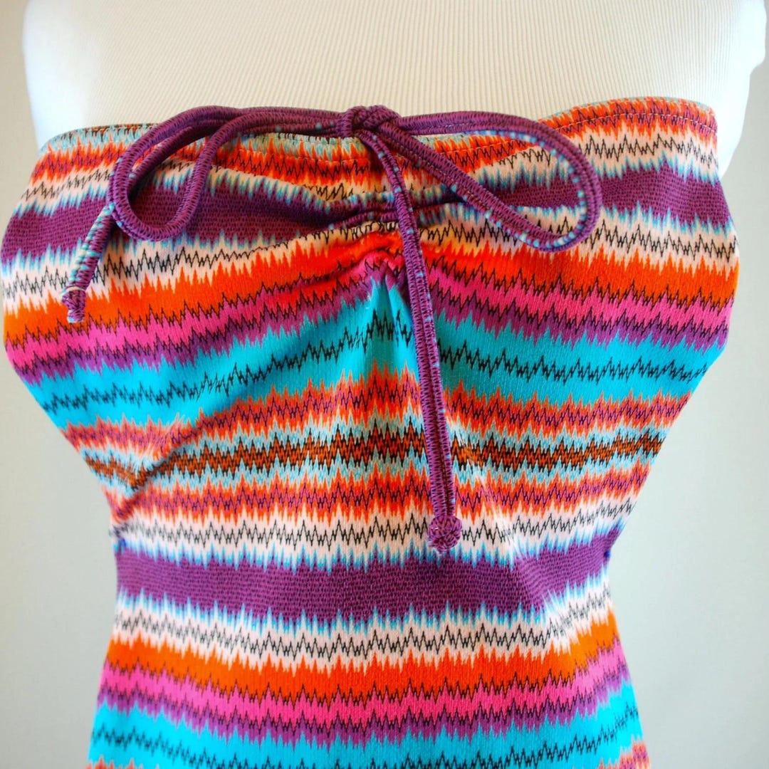 Vintage 70s Neon Soundwave Rainbow Strapless Bandeau One Piece Bathing ...