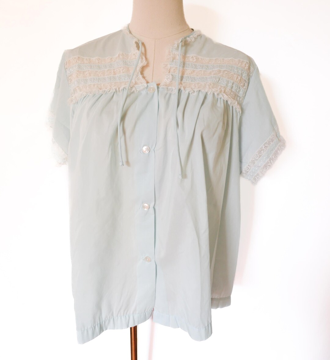 Vintage 50s Baby Blue Coquette Lace Pajama Top Shirt Button up ...