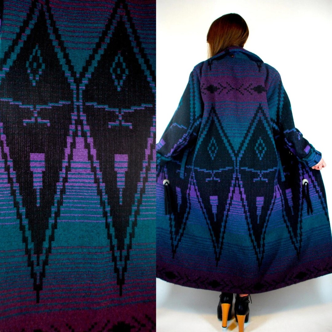 Vintage WOOLRICH Aztec Tribal Western Purple Trench Coat Jacket Duster ...