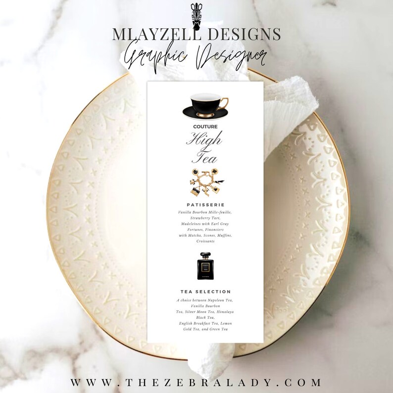 Couture High Tea Menu Template, Black Cup Fashion, Elegant Table Menu ...