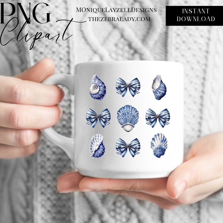 Coquette Nautical Chinoiserie Bows and Shells, Blue, Bows, Blue Shells ...