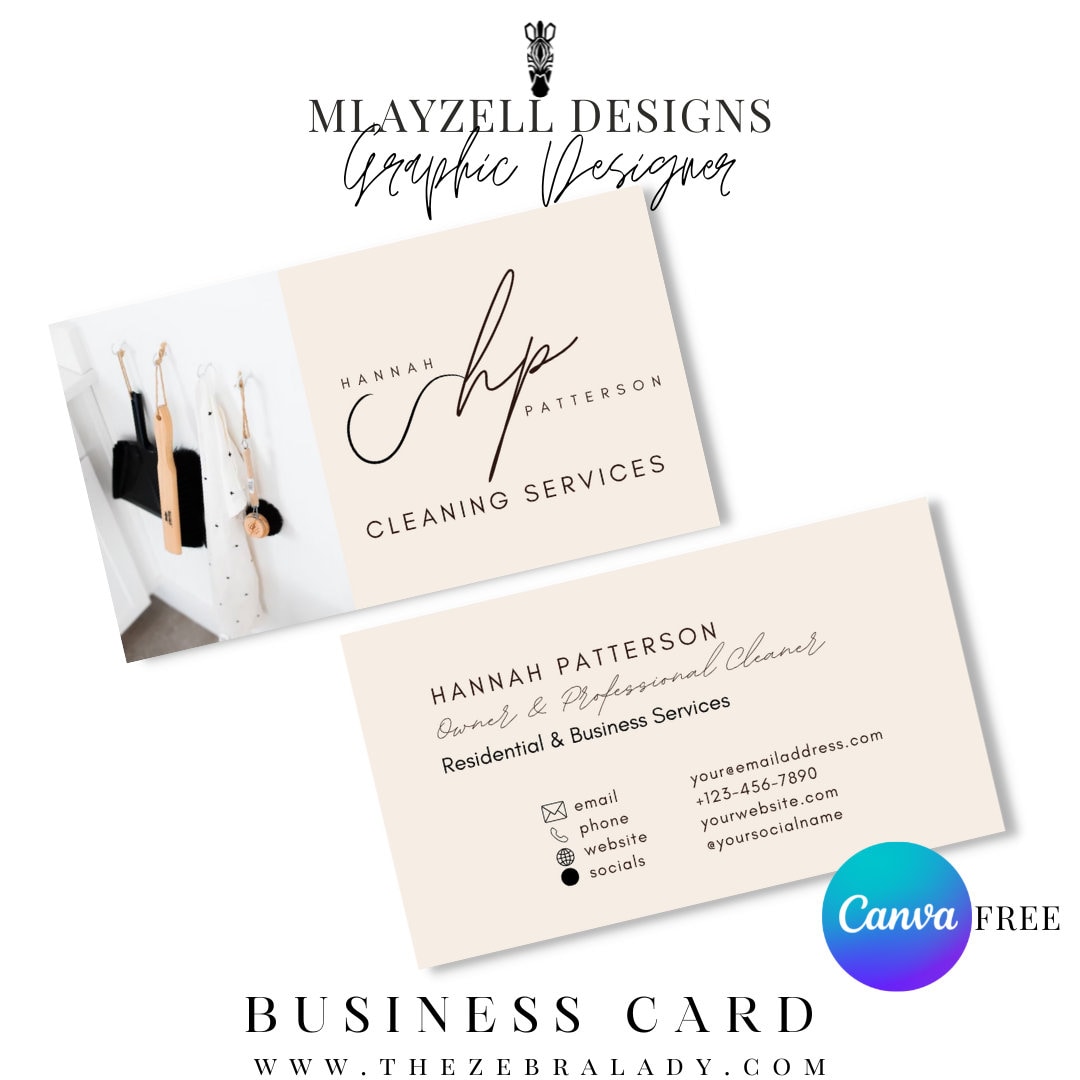 Cleaning Service Business Card Template, Canva Editable, Natural Cream ...