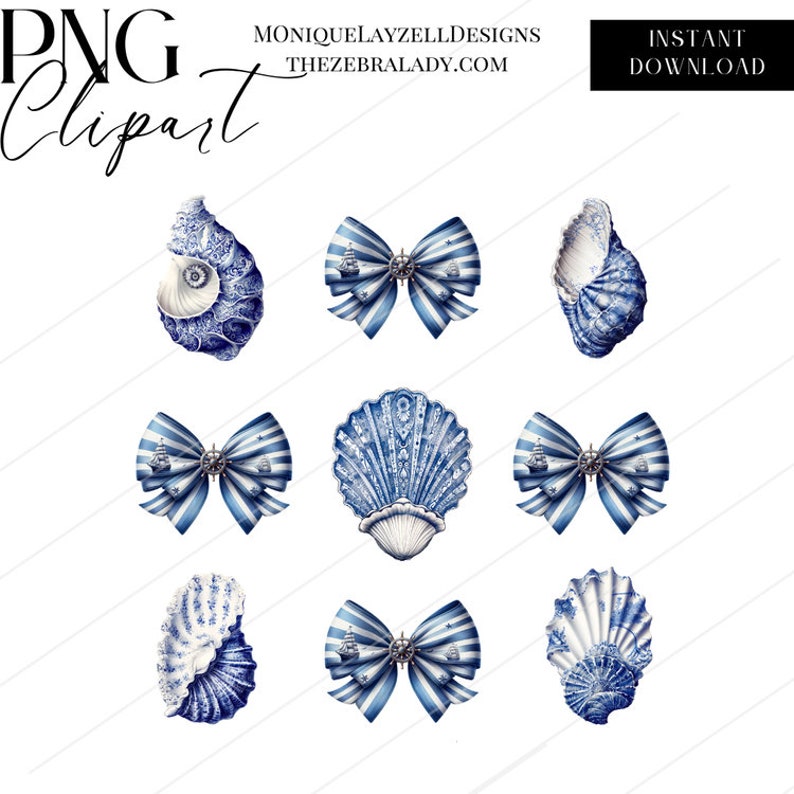 Coquette Nautical Chinoiserie Bows and Shells, Blue, Bows, Blue Shells ...
