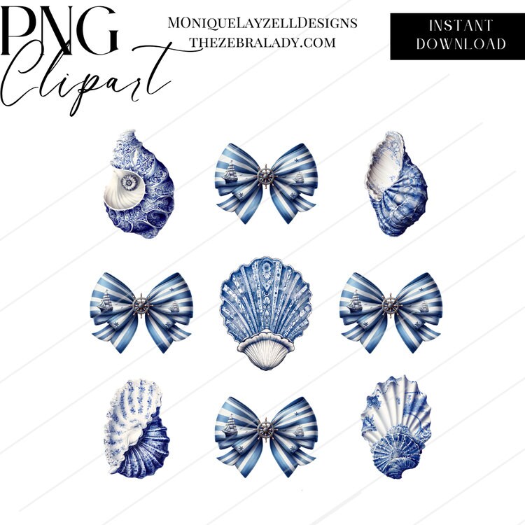 Coquette Nautical Chinoiserie Bows and Shells, Blue, Bows, Blue Shells ...
