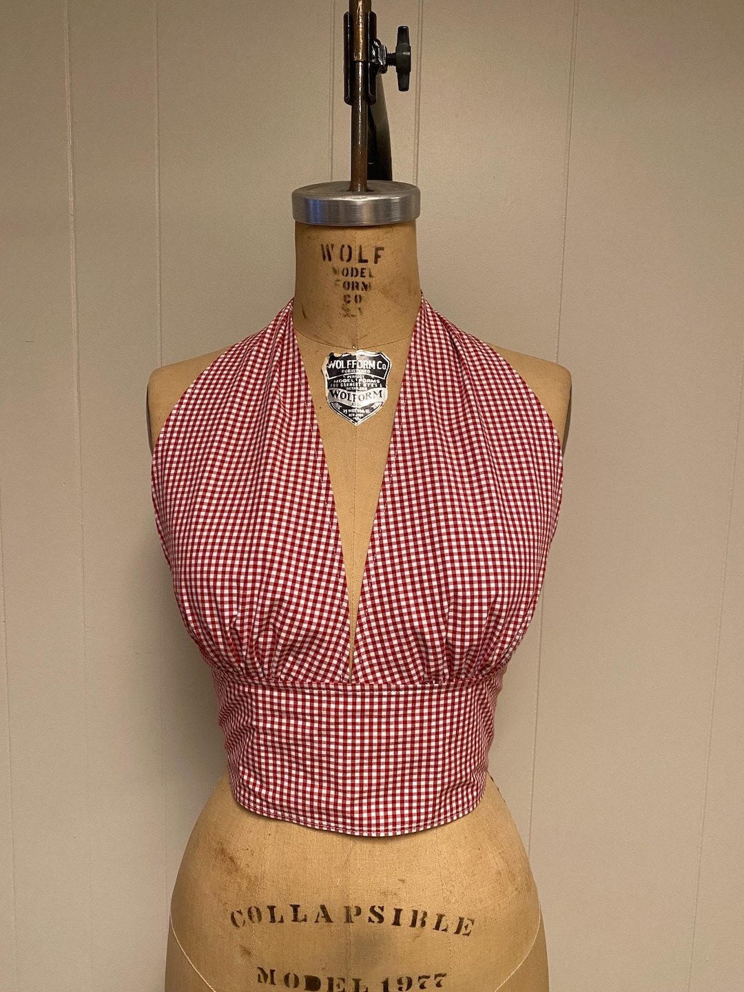 Mary Retro 70s Gingham Halter Top: Red White Check Tie Back - S/M - L ...