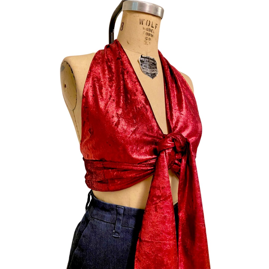 Patty Retro Vintage 70s Halter Wrap Convertible Tie Top Emerald Foil ...