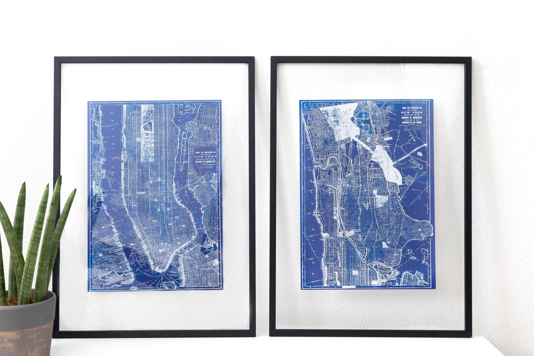New York City Vintage Map Cyanotype Print Set / Manhattan & the Bronx ...