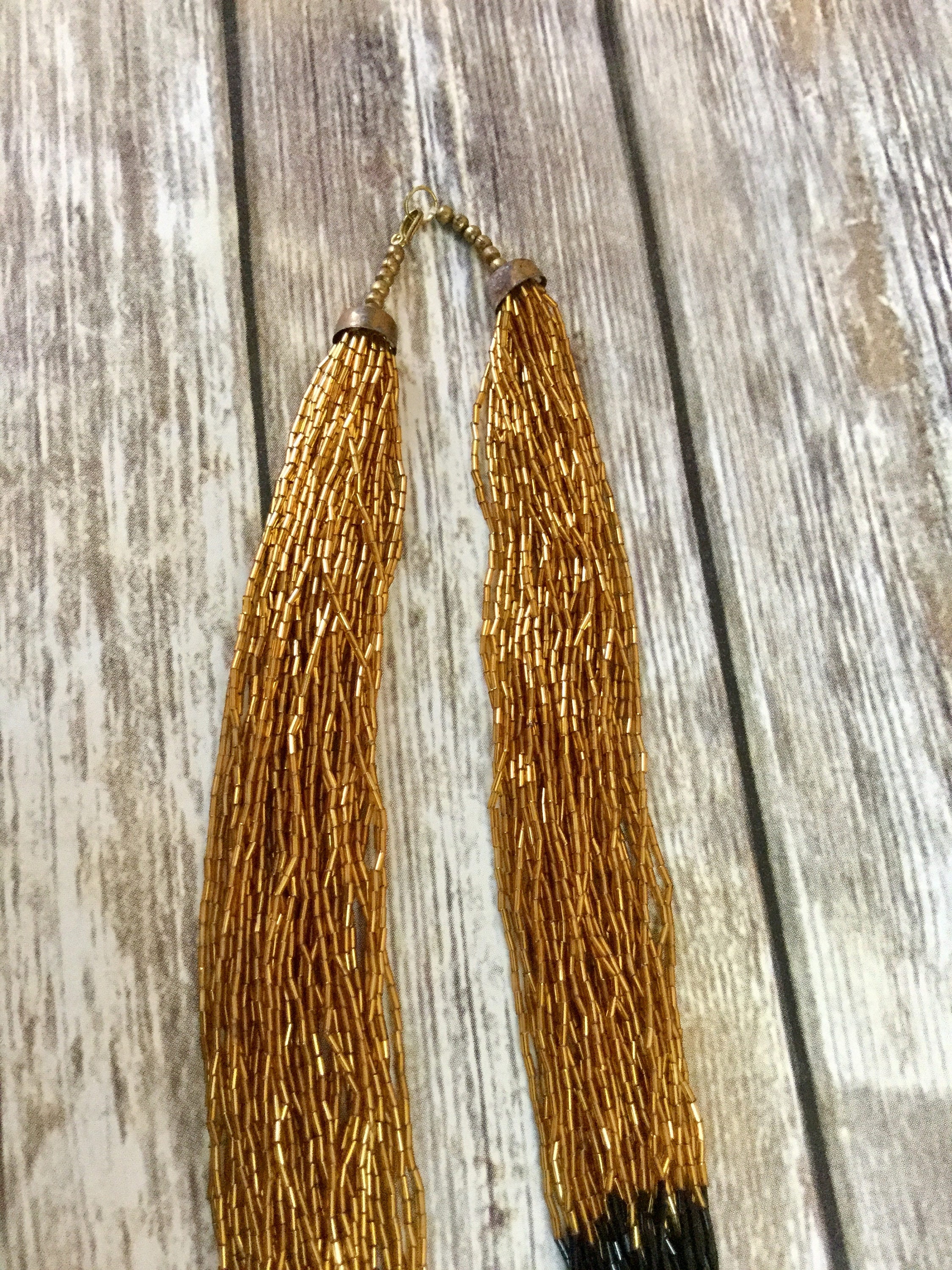 Black and Gold Multi Strand Vintage Glass Bugle Beaded Necklace - Etsy