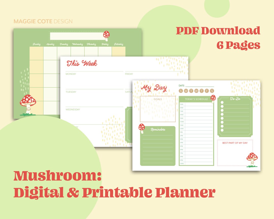 Mushroom Planner & Notes Set Instant PDF Download for Month, Week, and ...