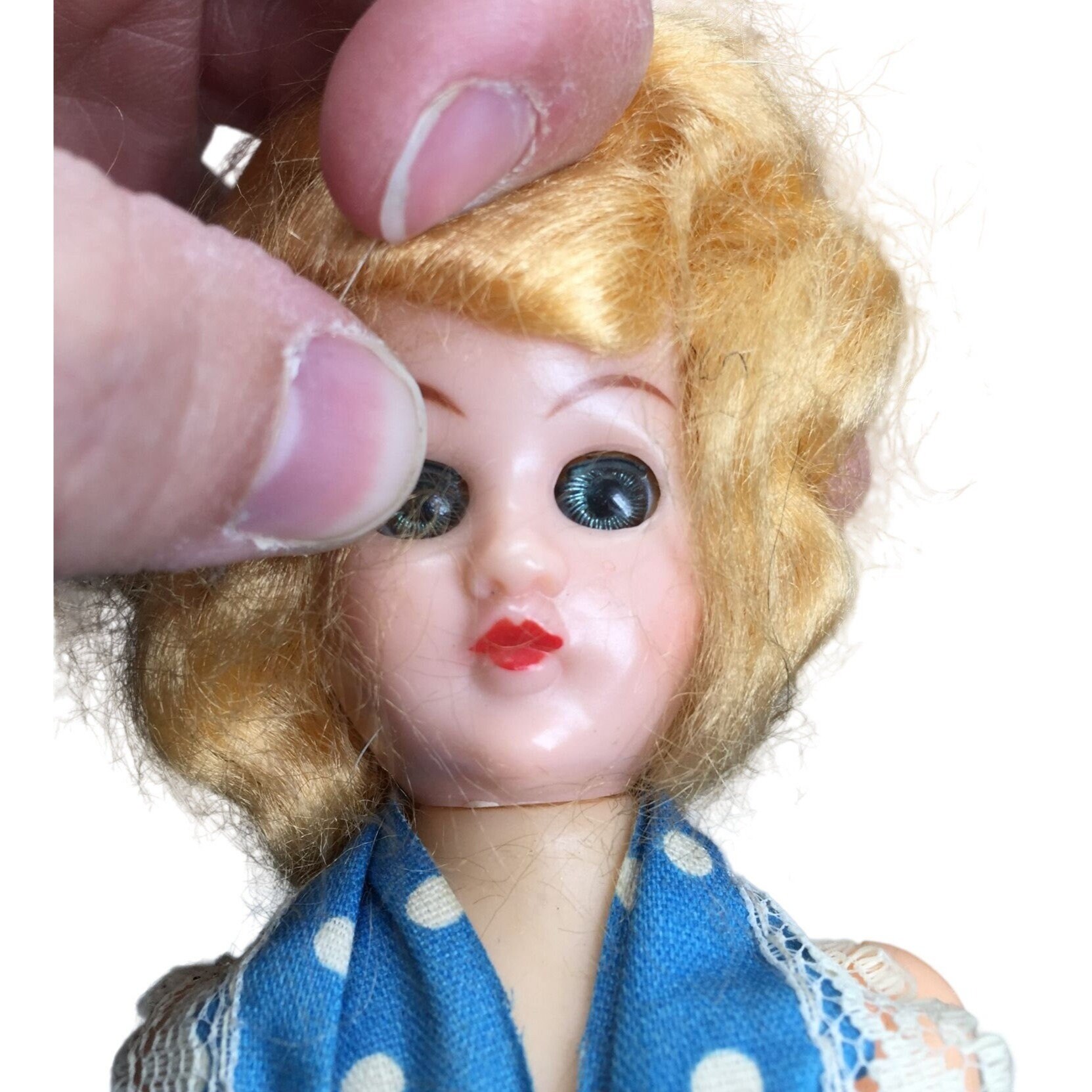 Vintage Collectible Doll Blonde Hair Blue Eyes Wearing Blue White