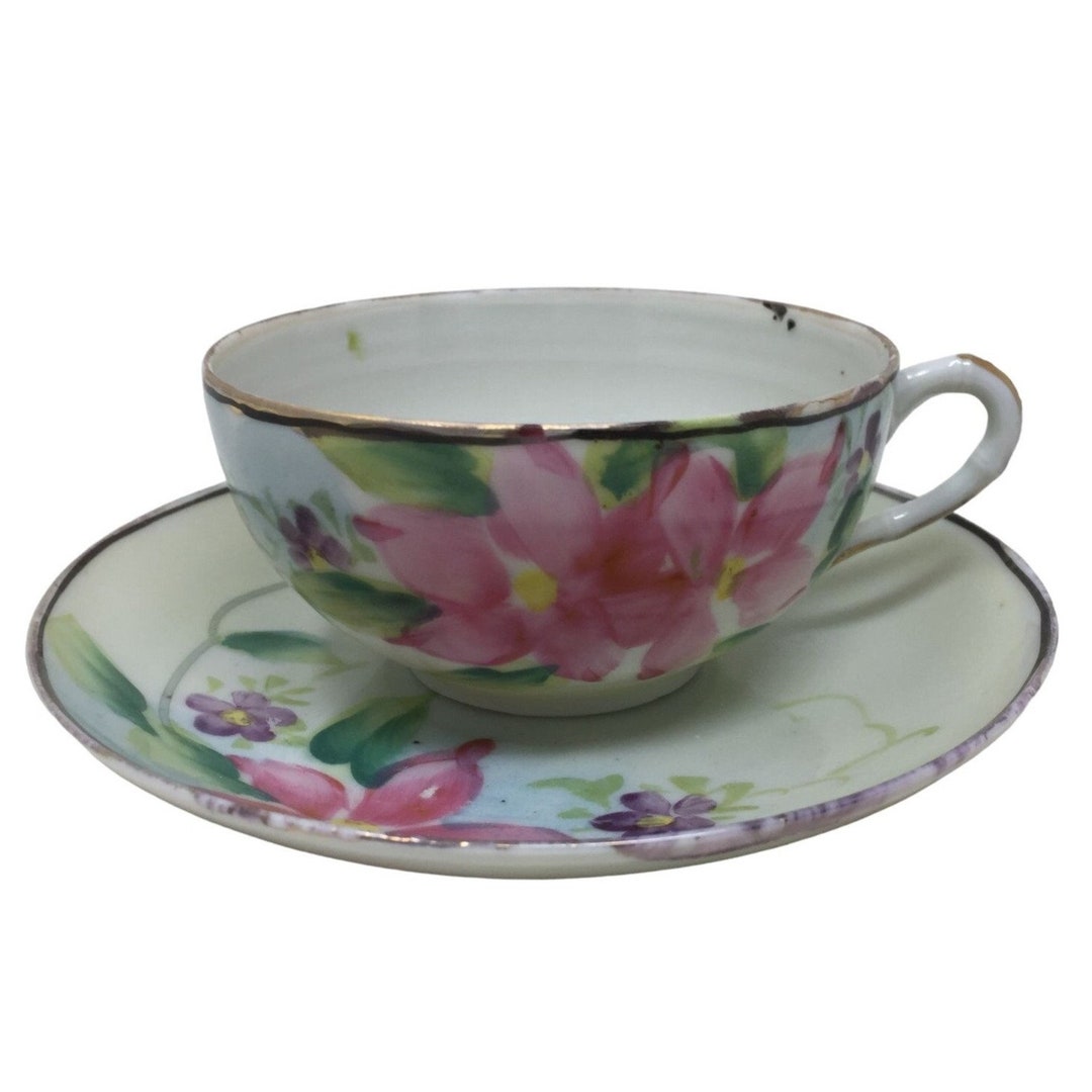 Vintage Hand Painted Tea Cup and Saucer Set Pink and Purple Flowers ...